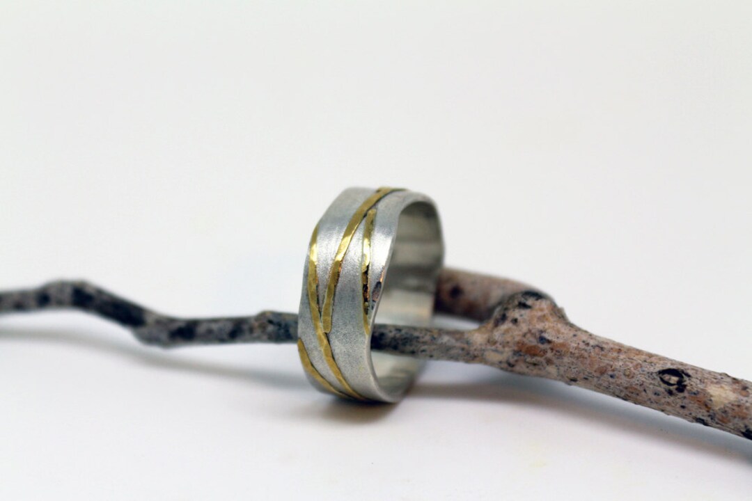 Gold Lines Silver and 22k Gold Wedding Band, Unique Wedding Ring for ...