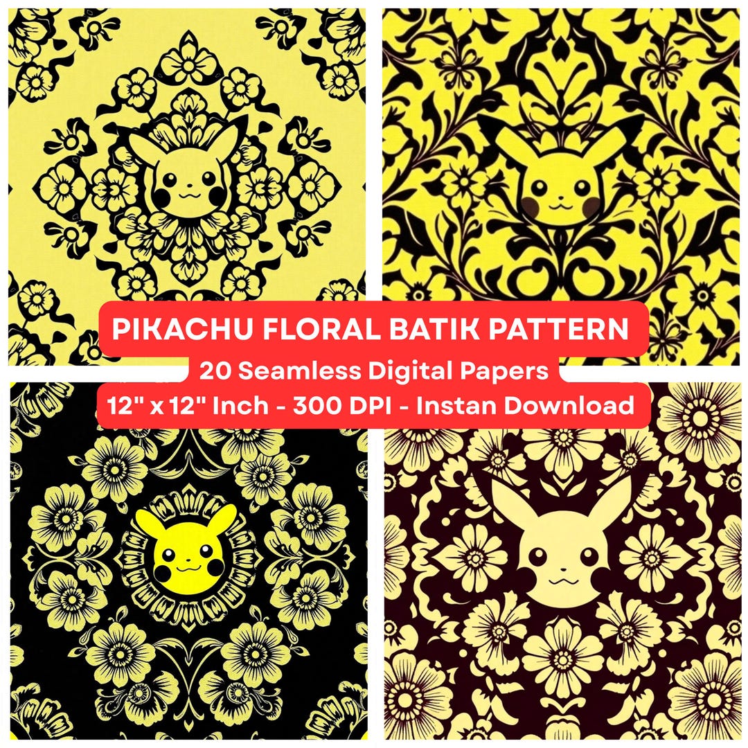 Pikachu Floral Batik Pattern Bundle | Seamless Cute Pokemon Style ...
