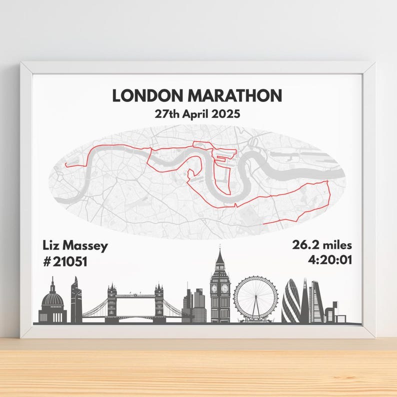 London Marathon Map Gift Poster for Finisher Race Map Personalized ...