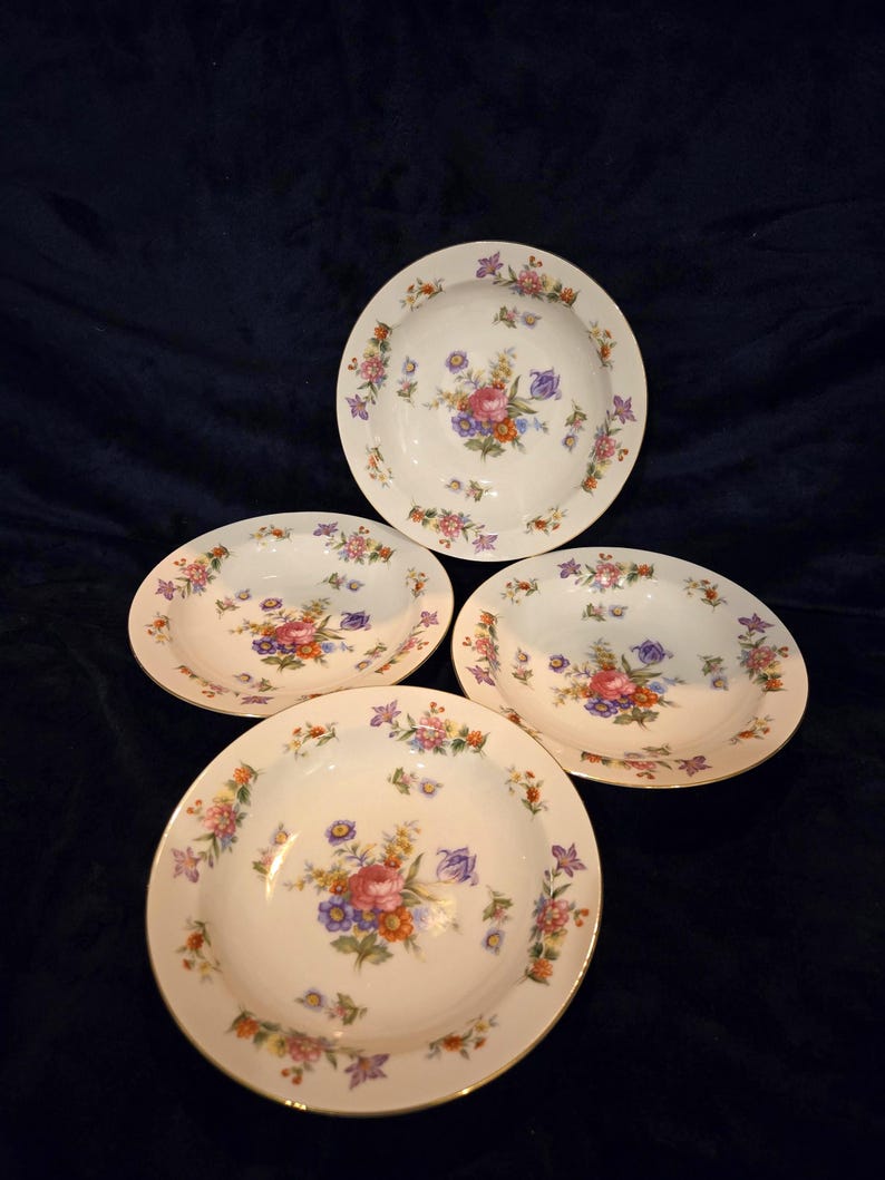 Vintage Aladdin Fine China Soup Bowls - Set of 4, Dresden Floral Gold ...