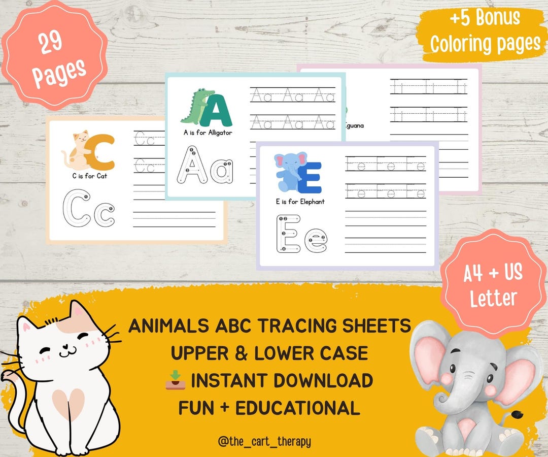 Animal Alphabet Tracing Worksheets A-Z | Uppercase & Lowercase Letters ...