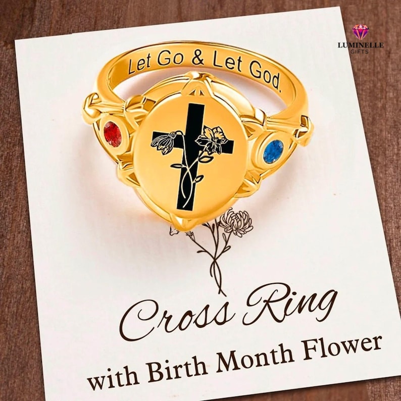 Personalized Cross Signet Ring With Birthstones, Engraved Christian ...