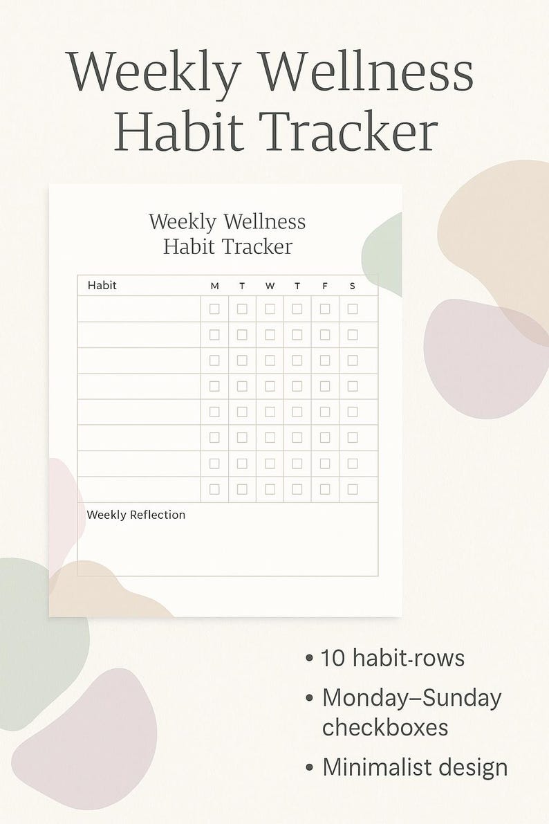 Weekly Wellness Habit Tracker Printable Self-care Tracker, PDF Habit ...