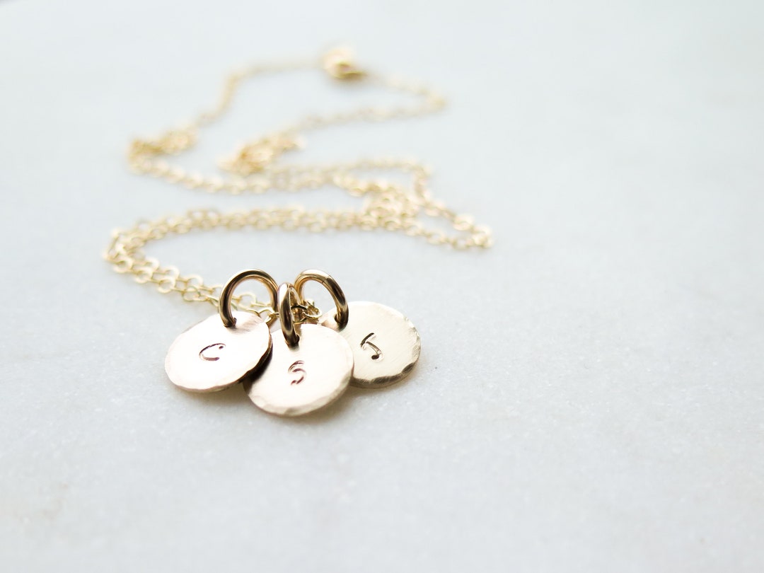 Dainty Initial Necklace / 14k Gold Fill Hand Stamped Tiny Discs ...