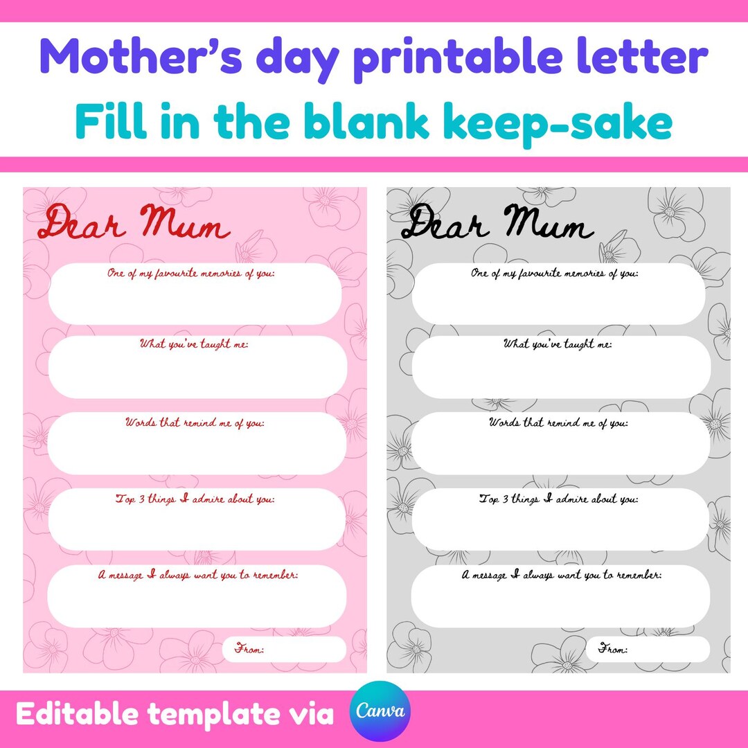 Printable Mother's Day Letter, Heartfelt Fillable Keepsake, Mother's ...