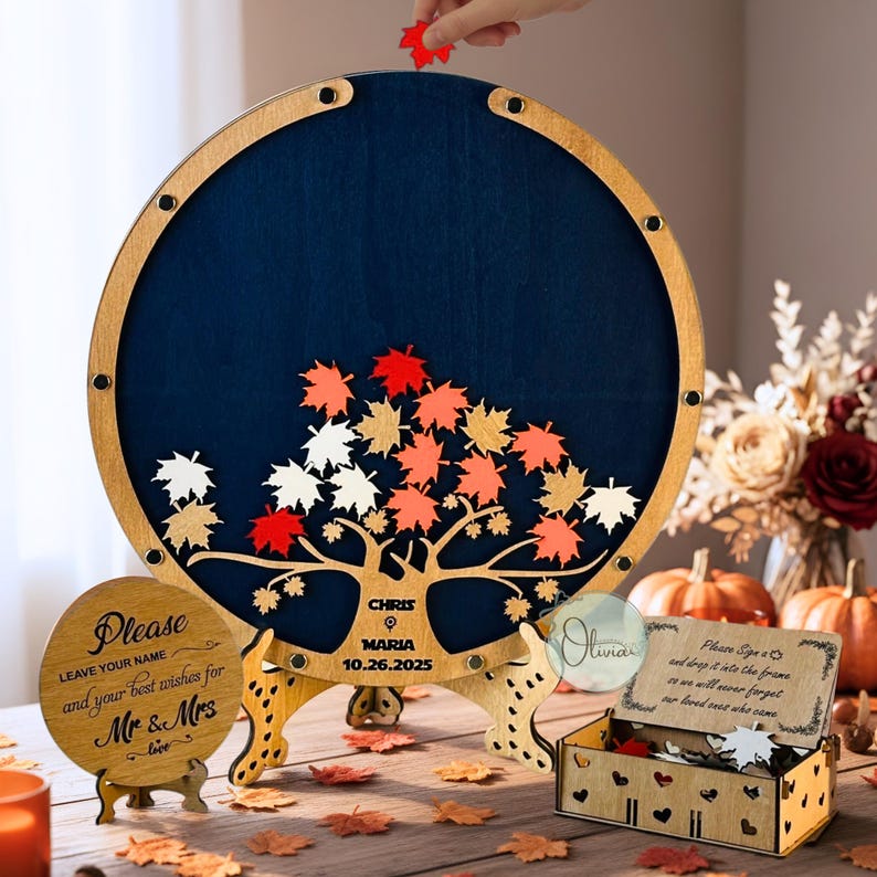 Fall Wedding Guest Book Rustic Maple Leaf Drop Box Wooden Family Tree ...