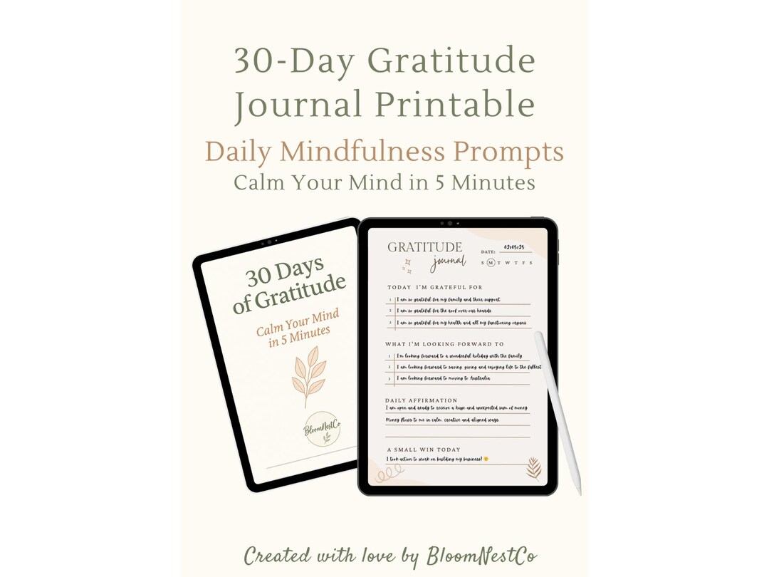 30-day Gratitude Journal Printable | Daily Mindfulness Prompts | Self ...