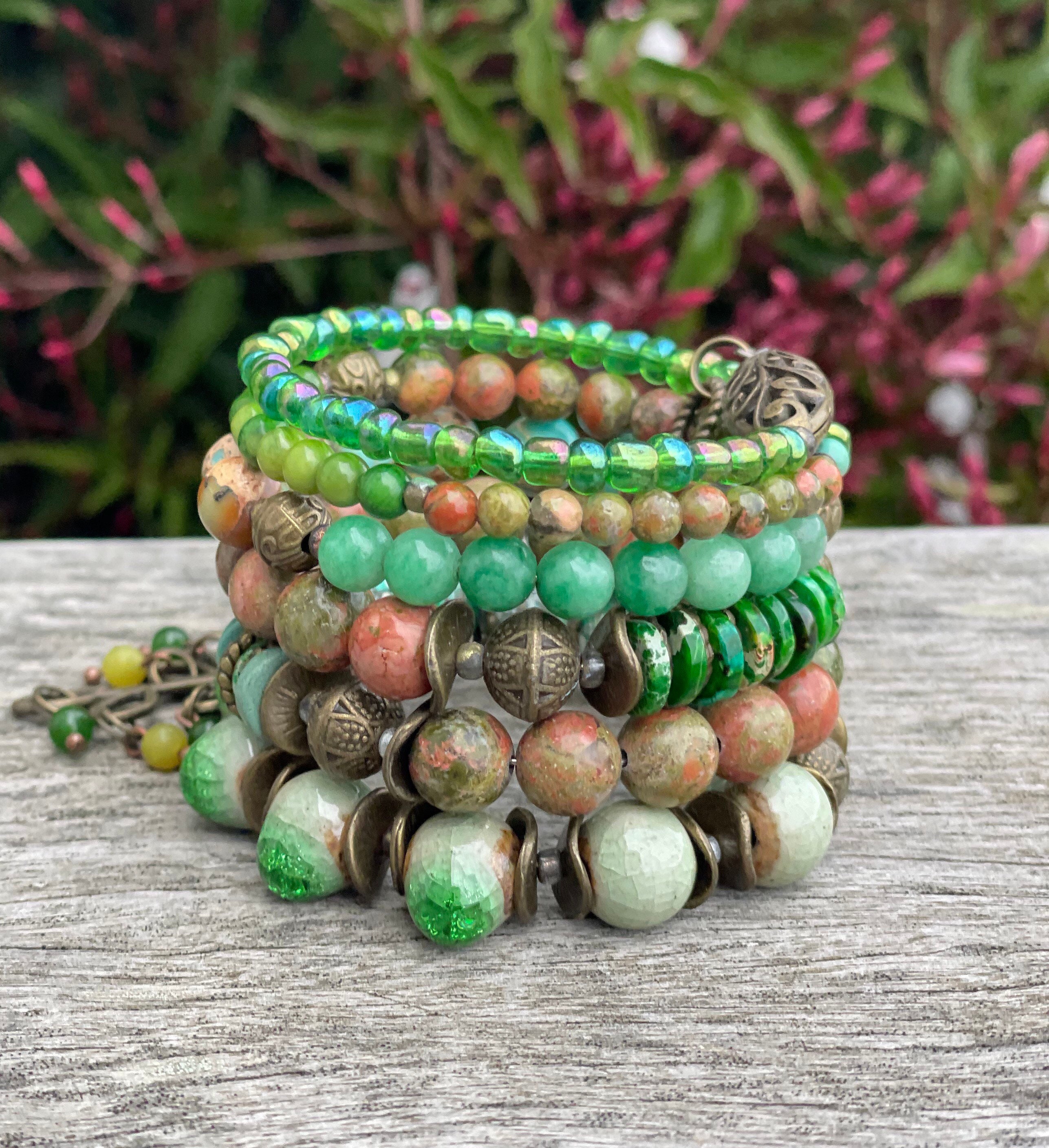Green Jasper Turquoise Jewelry Set, Mosaic Wrap Bracelet, Dangle ...
