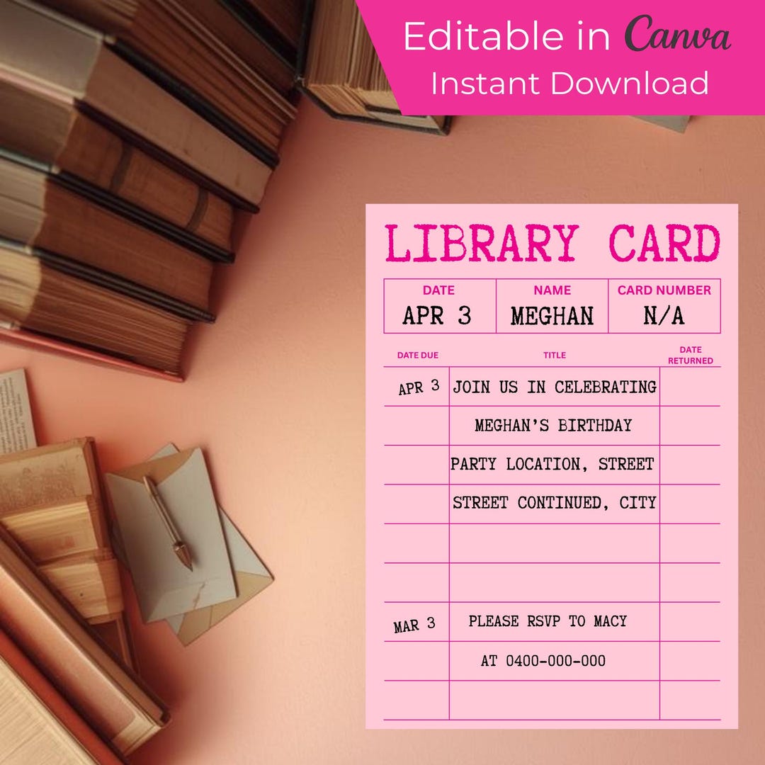Pink Library Card Birthday Invitation Template | Coquette Book Theme ...