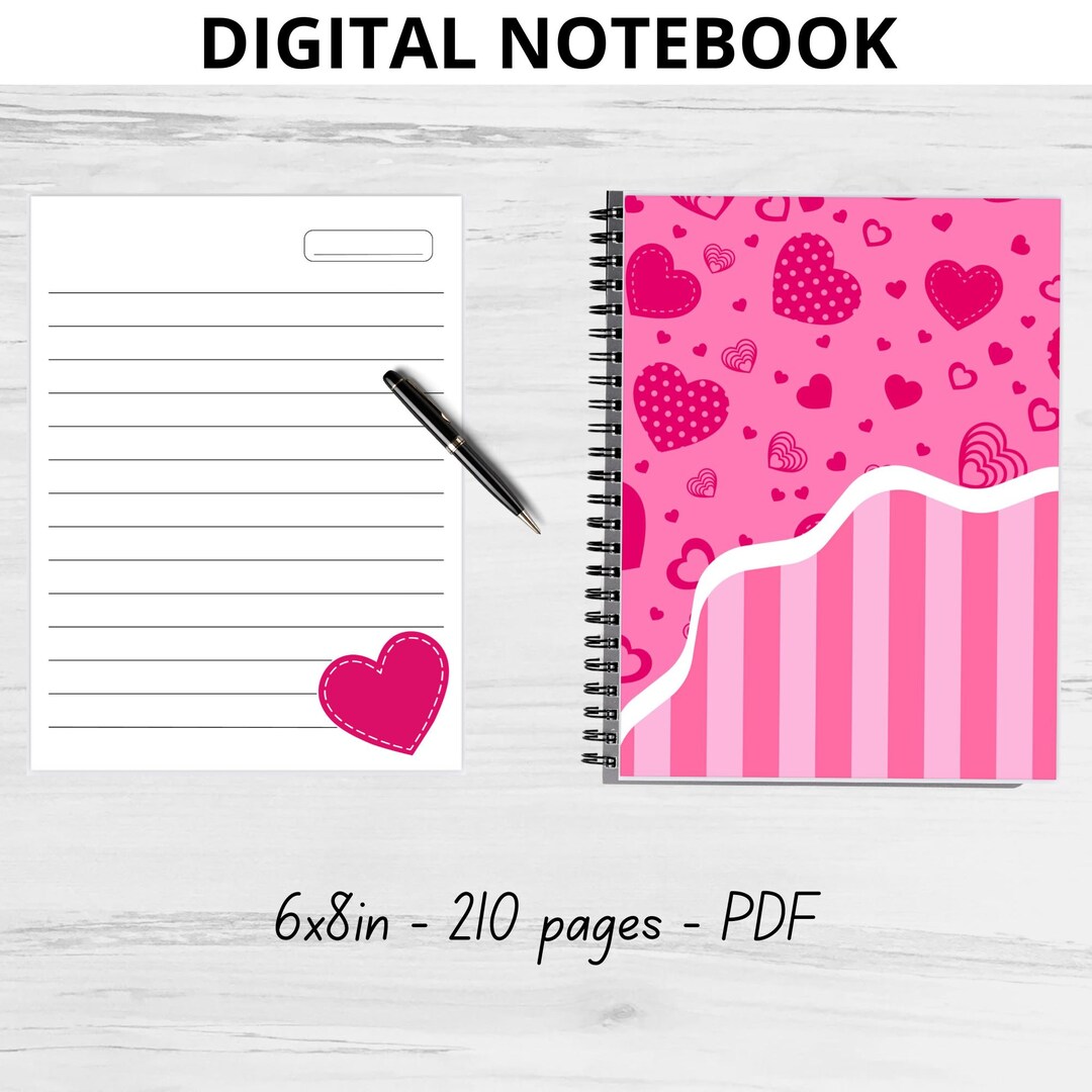 Pink Hearts Digital Notebook for Printing - 6x8 Inches - Printable ...