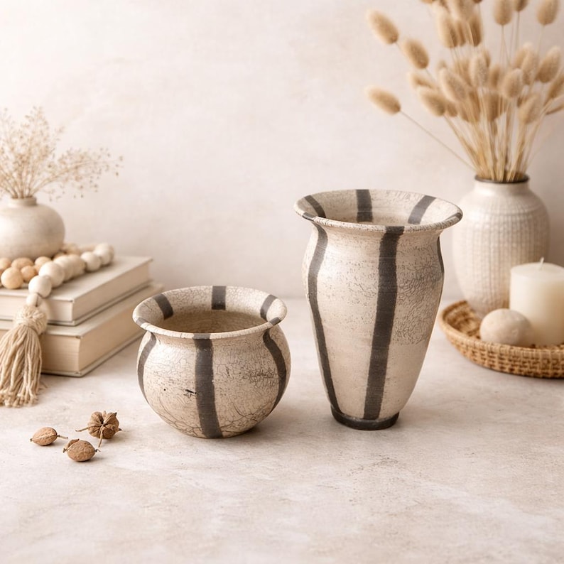 Vintage Studio Pottery Vase Set, Hand Thrown Stoneware, Crackle Glaze, Signed - Etsy