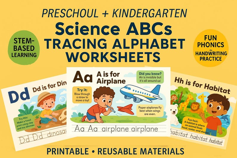 STEM Alphabet Tracing&science Fact Worksheets | 26 Printable Letter ...