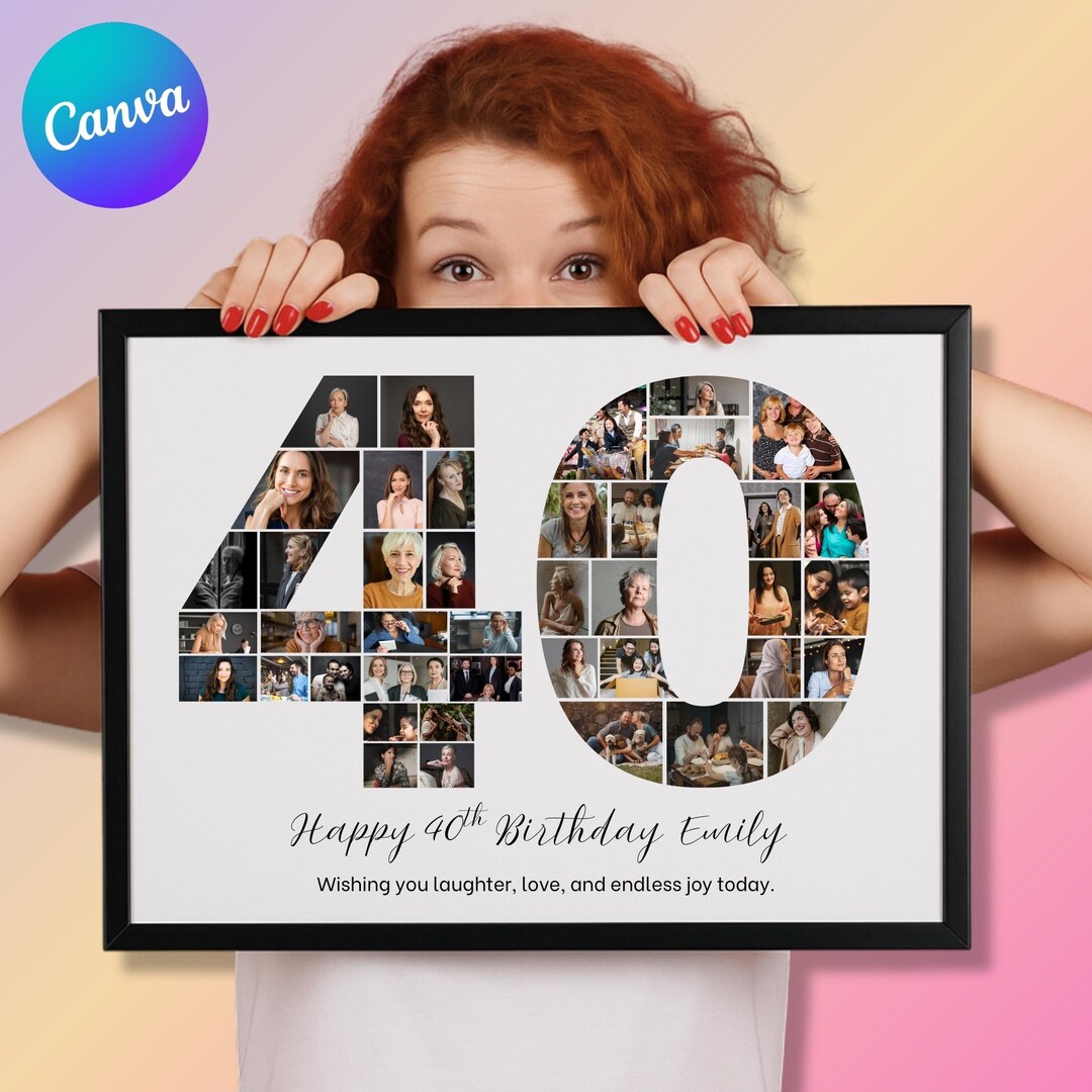 40th Birthday Photo Collage Canva Template | Printable Number 40 Poster ...