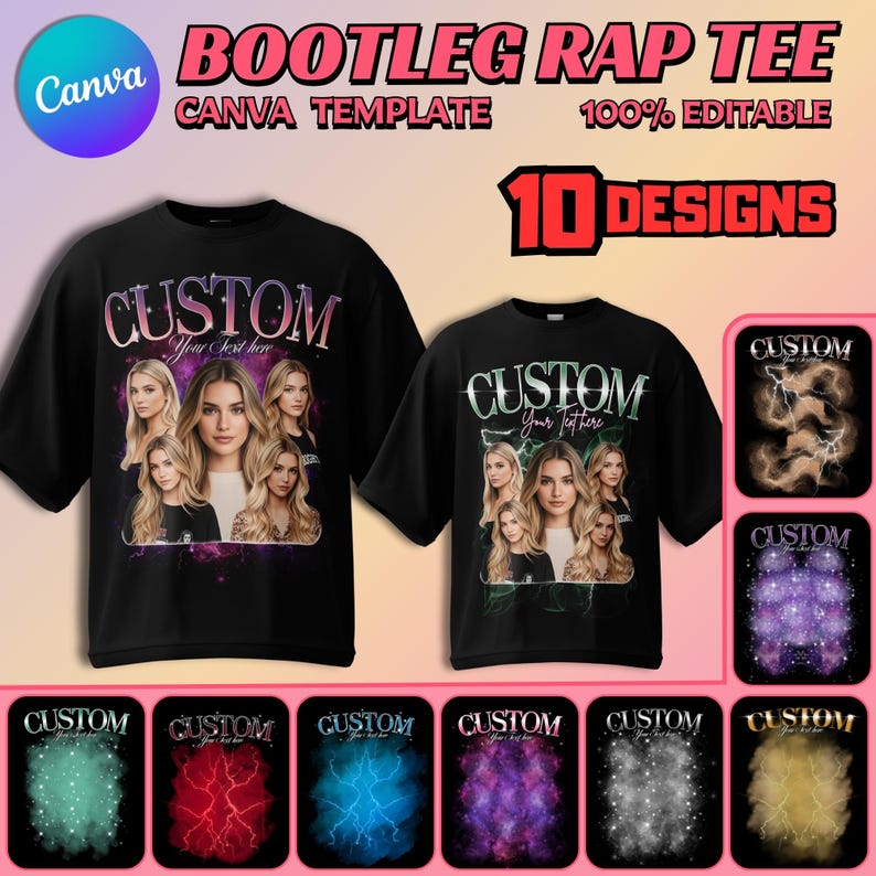 Bootleg Rap Tee Template | Editable Canva T-shirt Bundle | Custom 90s ...