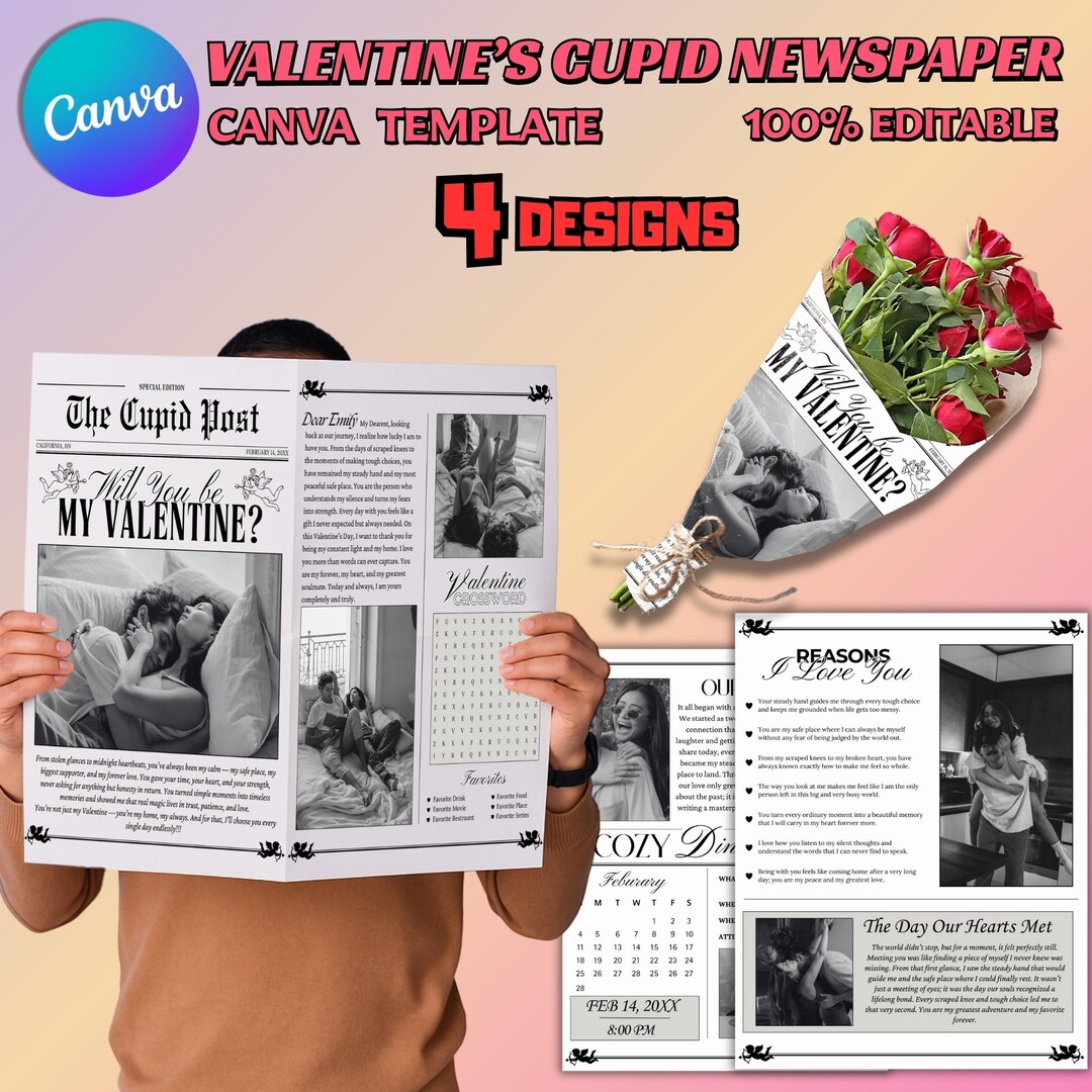 Will You Be My Valentine Cupid Post Newspaper Canva Template, Flower ...