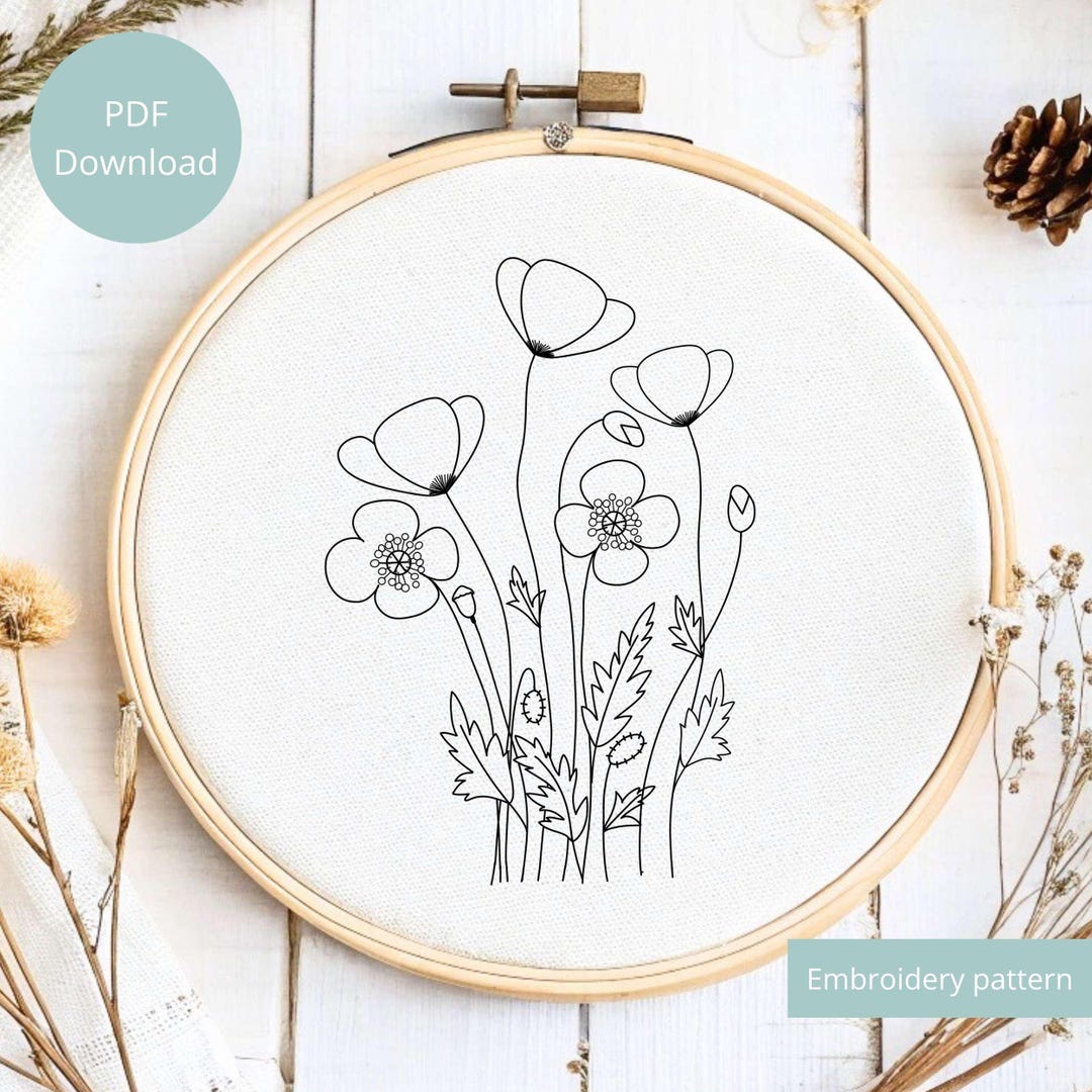 Poppy EMBROIDERY PATTERN, Floral Embroidery Design, Flower Modern ...