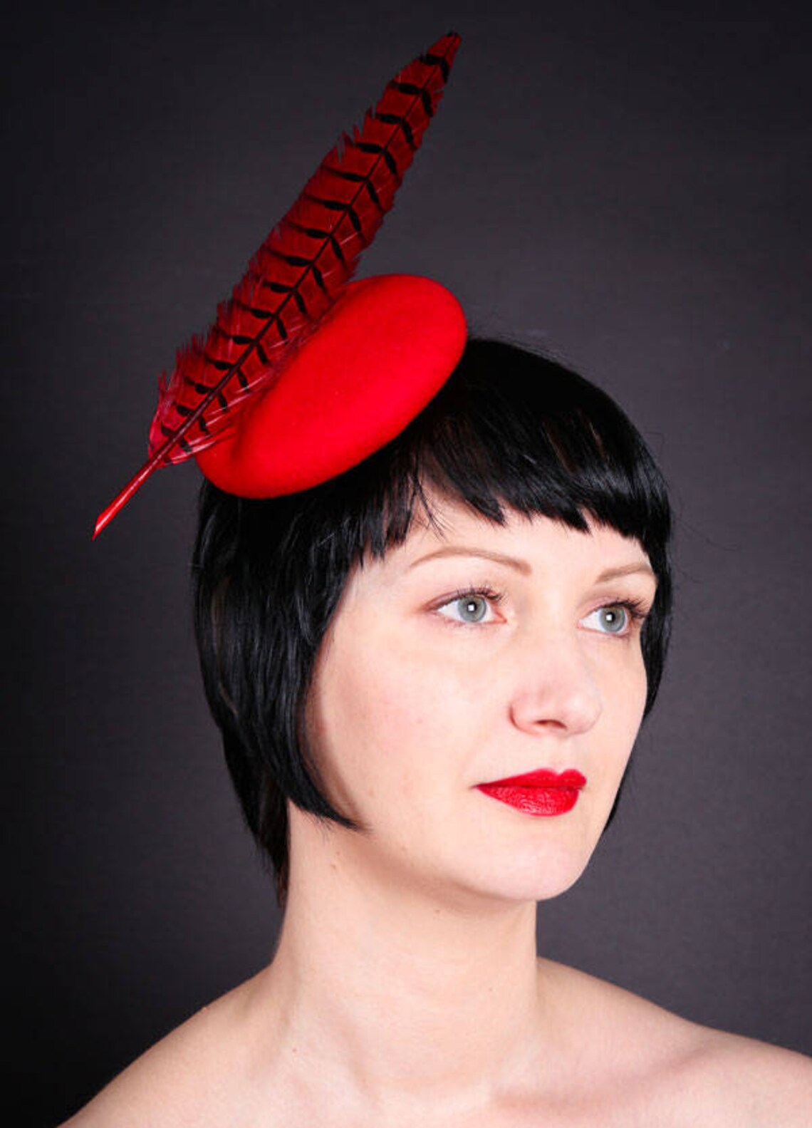 Red Floating Feather Hat, Single Pheasant Feather Fascinator or Formal Mini Hat, Ladies Wedding ...