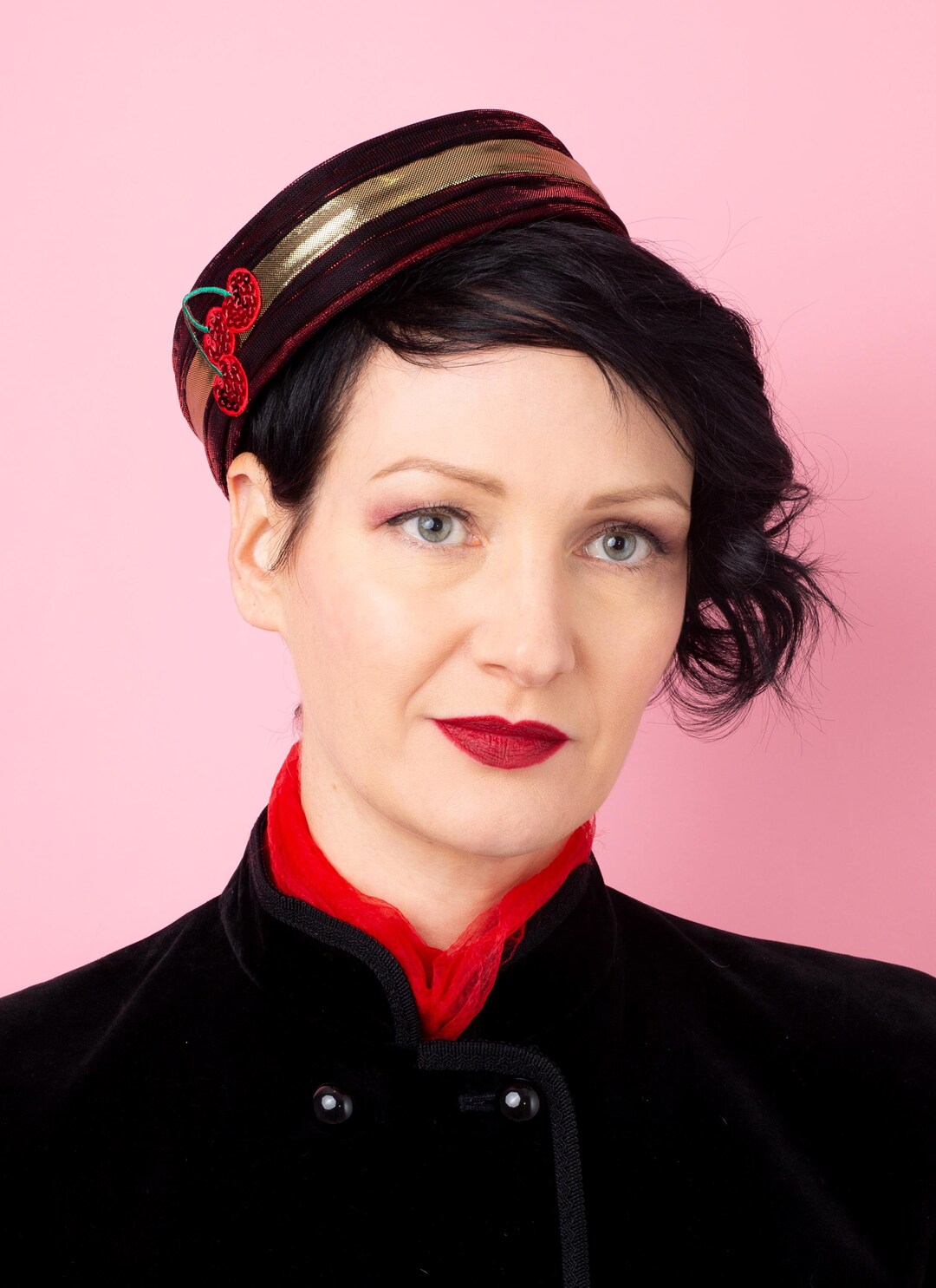 Red and Gold Bell Hop or Cinema Usherette Hat, Costume Accessory With ...