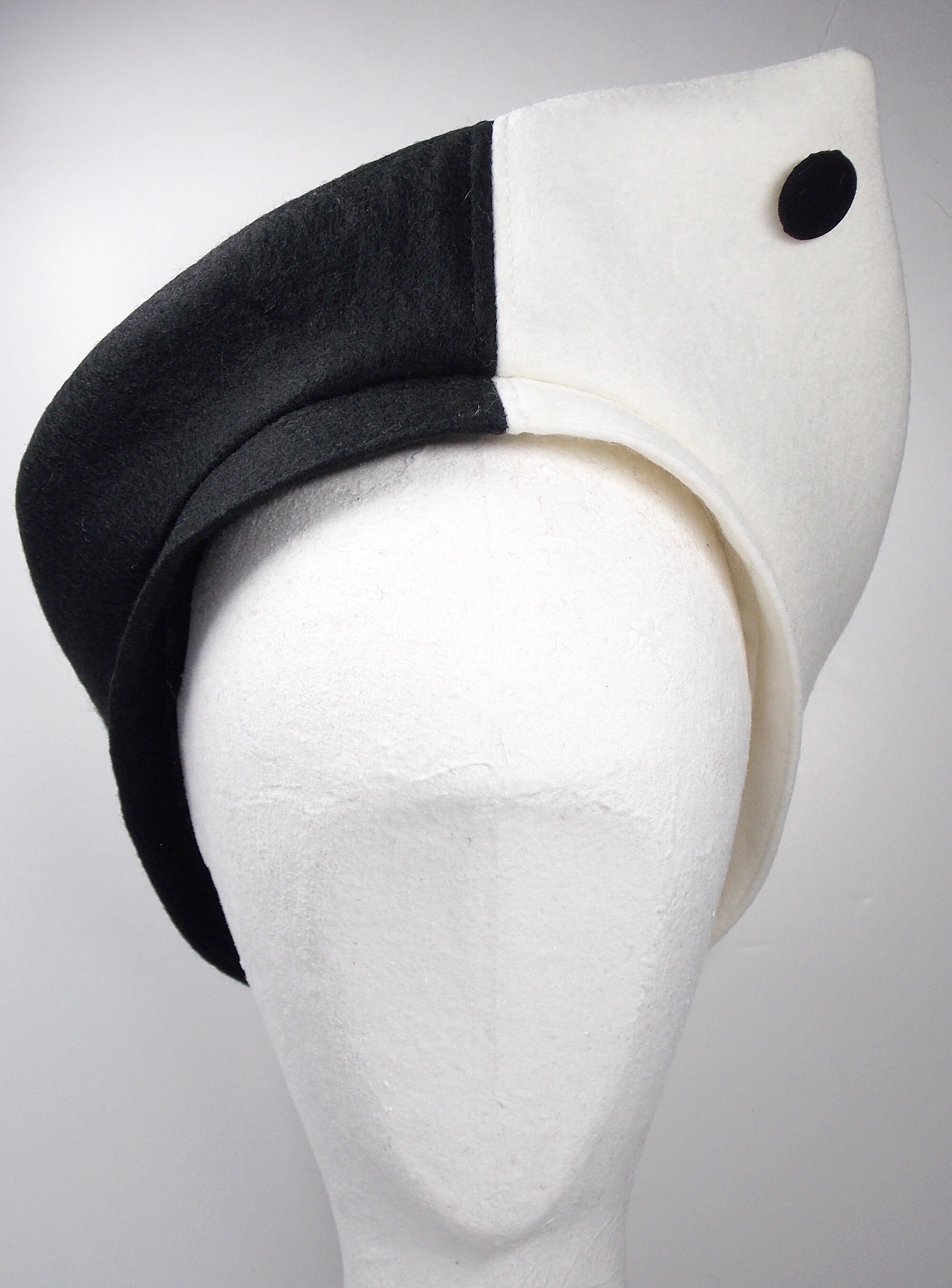 Black and White Pointed Felt Hat With Button, 80s Monochrome Style ...
