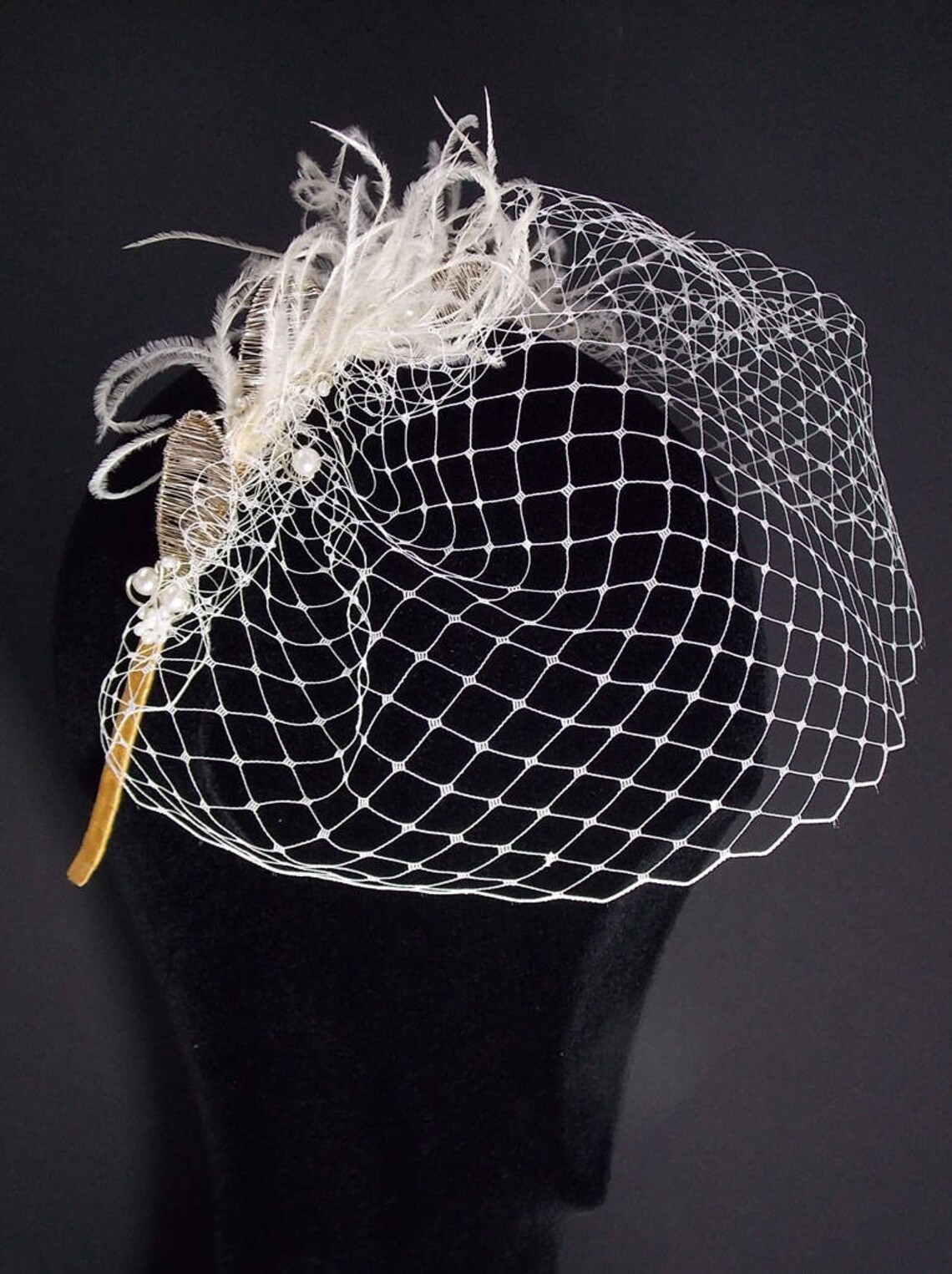 Cream Bridal Feather Veil Band | Birdcage Veil | Ostrich Feather | Hair ...