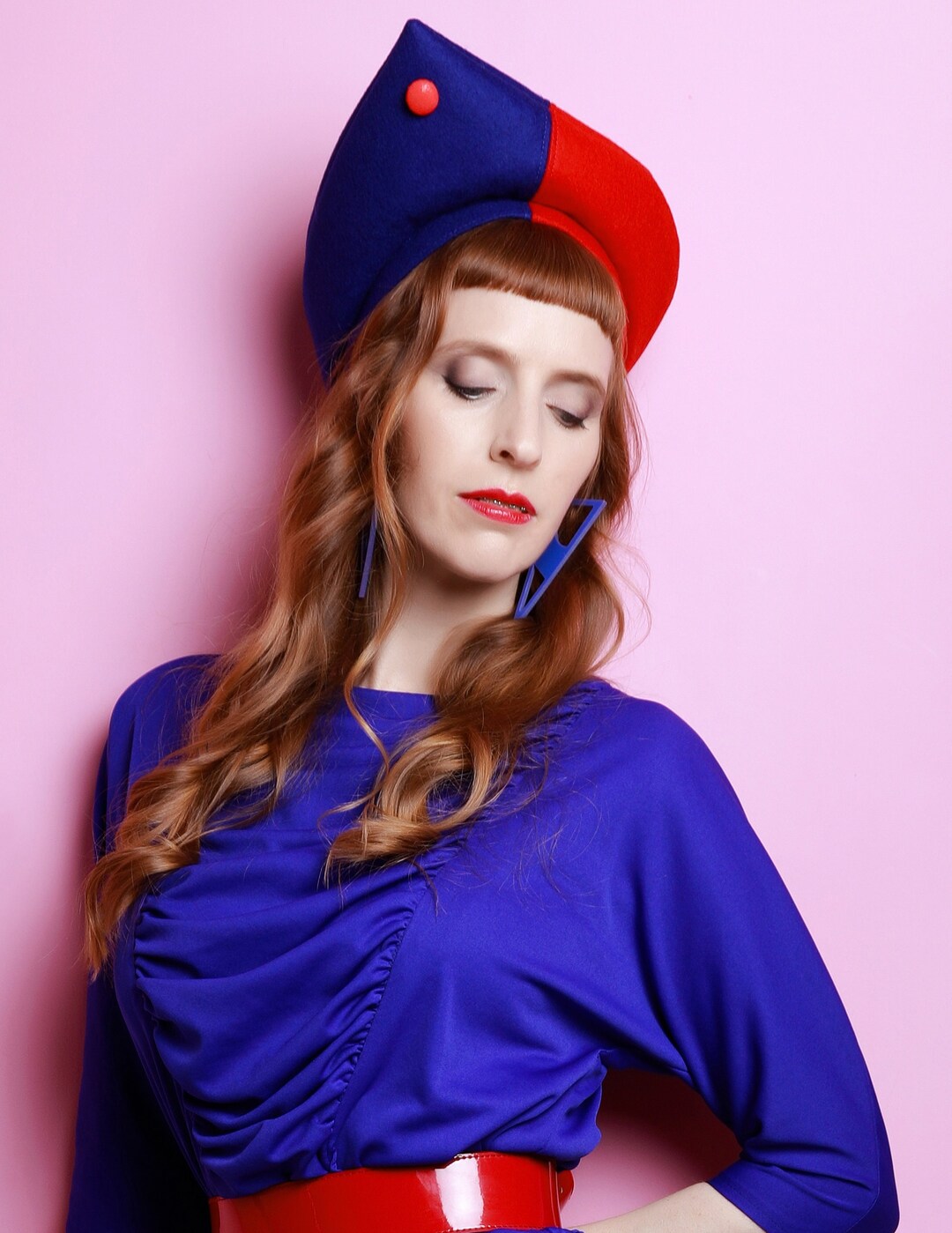 Red and Blue Pointed Felt Hat With Button, 80s Colourful Style and ...