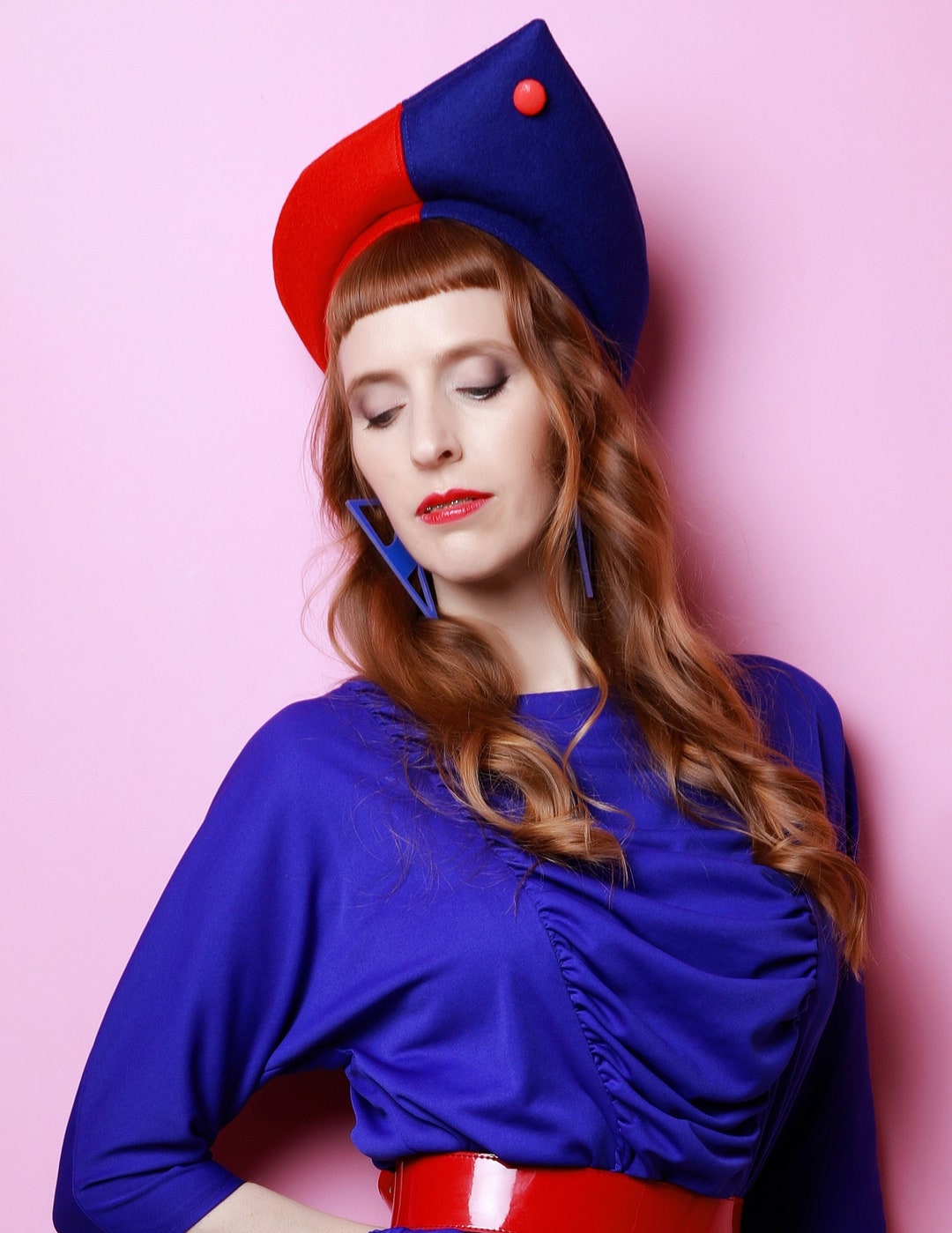 Red and Blue Pointed Felt Hat With Button 80s Colourful Style - Etsy