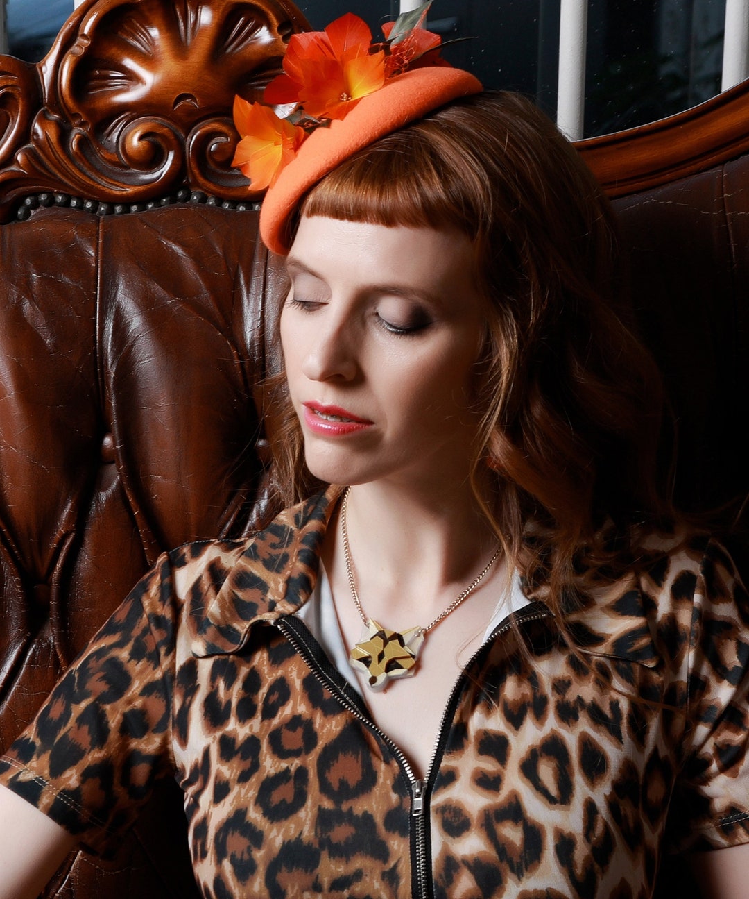 Orange Felt Small Round Hat With Flame Coloured Feather Flowers, Bright ...