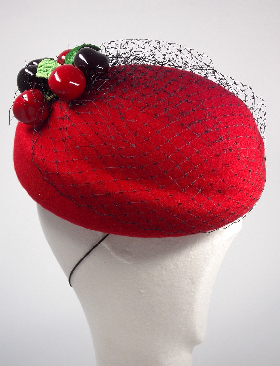 Red Retro Cherries Hat With Veil Trim | 1950s Style Fruit Accessory for ...