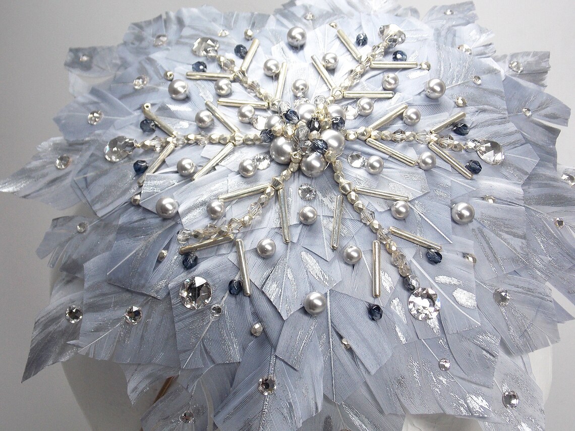 Snowflake Grey Feather Fascinator, Beaded Silver Formal Ladies Hat for ...