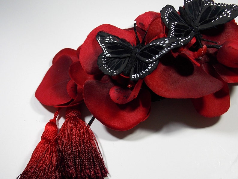 Red Orchid Fascinator Hat With Butterflies and Tassels, Ascot Hat ...