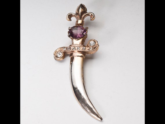 1940s Big Vintage Gilded Metal Sword Dagger Pin Ameth… - Gem