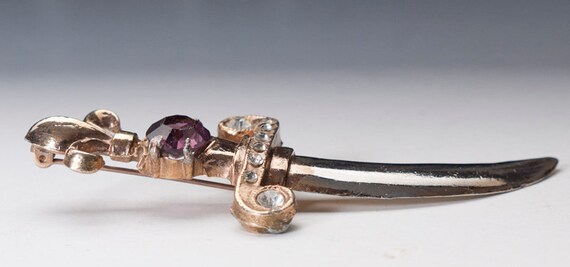 1940s Big Vintage Gilded Metal Sword Dagger Pin Ameth… - Gem