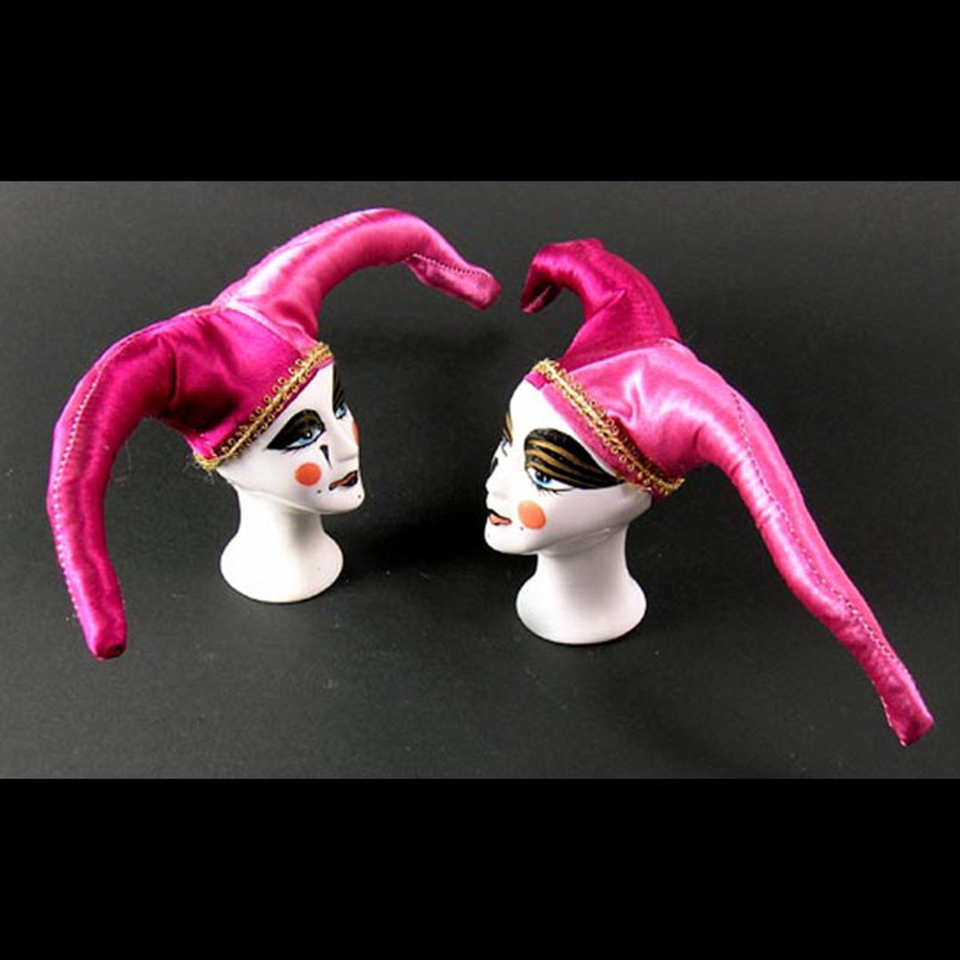 2 Jester Heads Hand Painted Porcelain Big Plush Magenta Horns Hats Doll ...