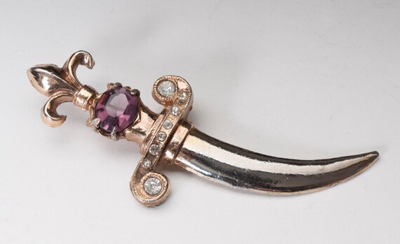 1940s Big Vintage Gilded Metal Sword Dagger Pin Ameth… - Gem