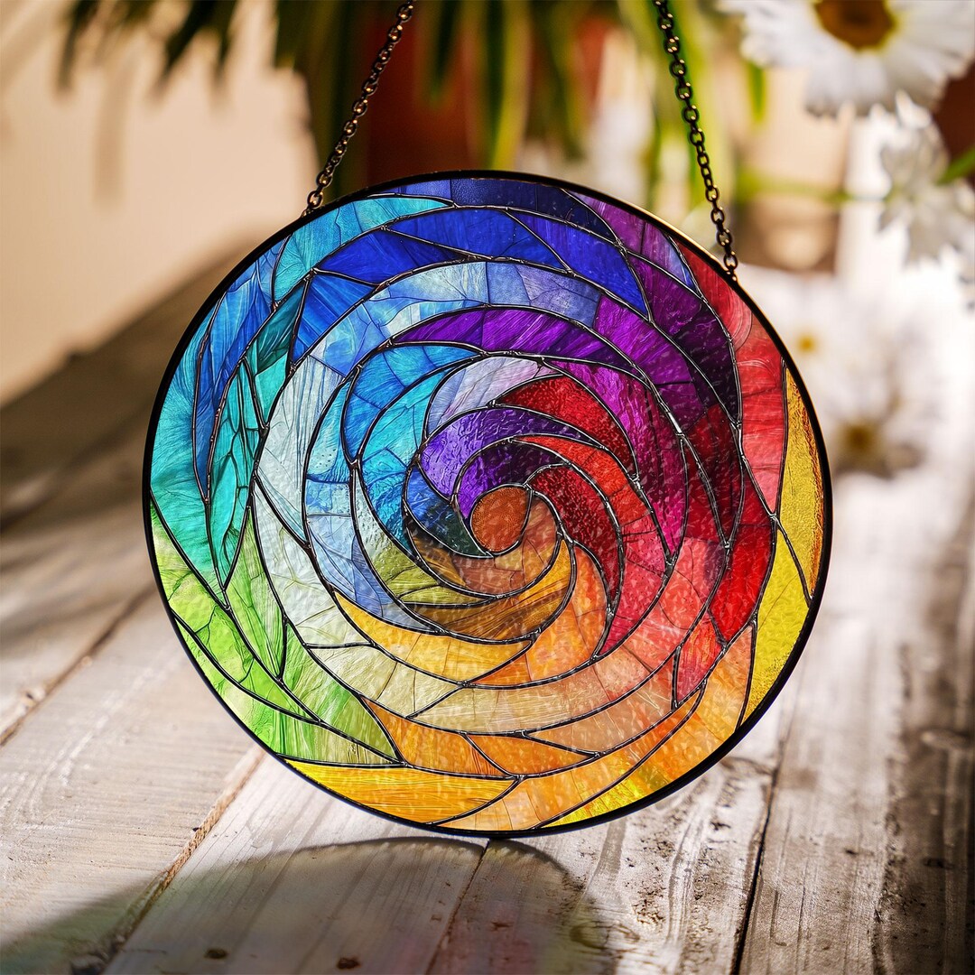 Rainbow Swirl Stained Glass Window Hanging, Colorful Spiral Glass Decor ...