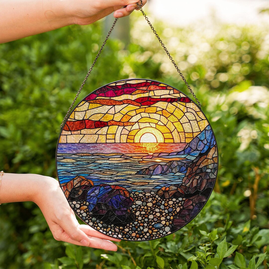 Sunset Beach Stained Glass Window Hanging, Coastal Landscape Glass Art ...