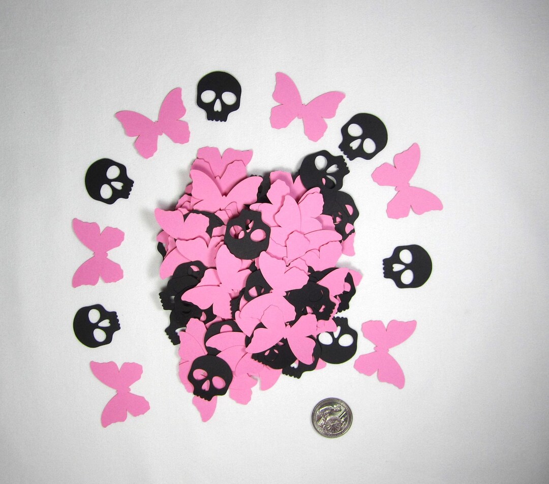 250pc Gothic Wedding or Birthday Pink Butterfly and Black Skull ...