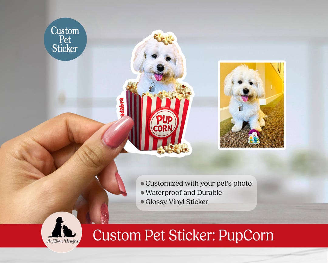 Pup-corn Popcorn Movie Night Custom Die Cut Pet Sticker | Dog Sticker ...