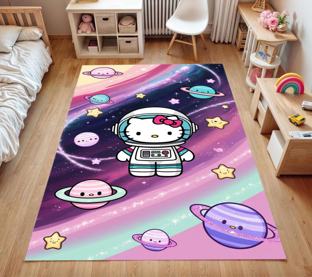 Kawaii Hello Kitty Space Rug - Galaxy Planets & Stars Kids Carpet ...