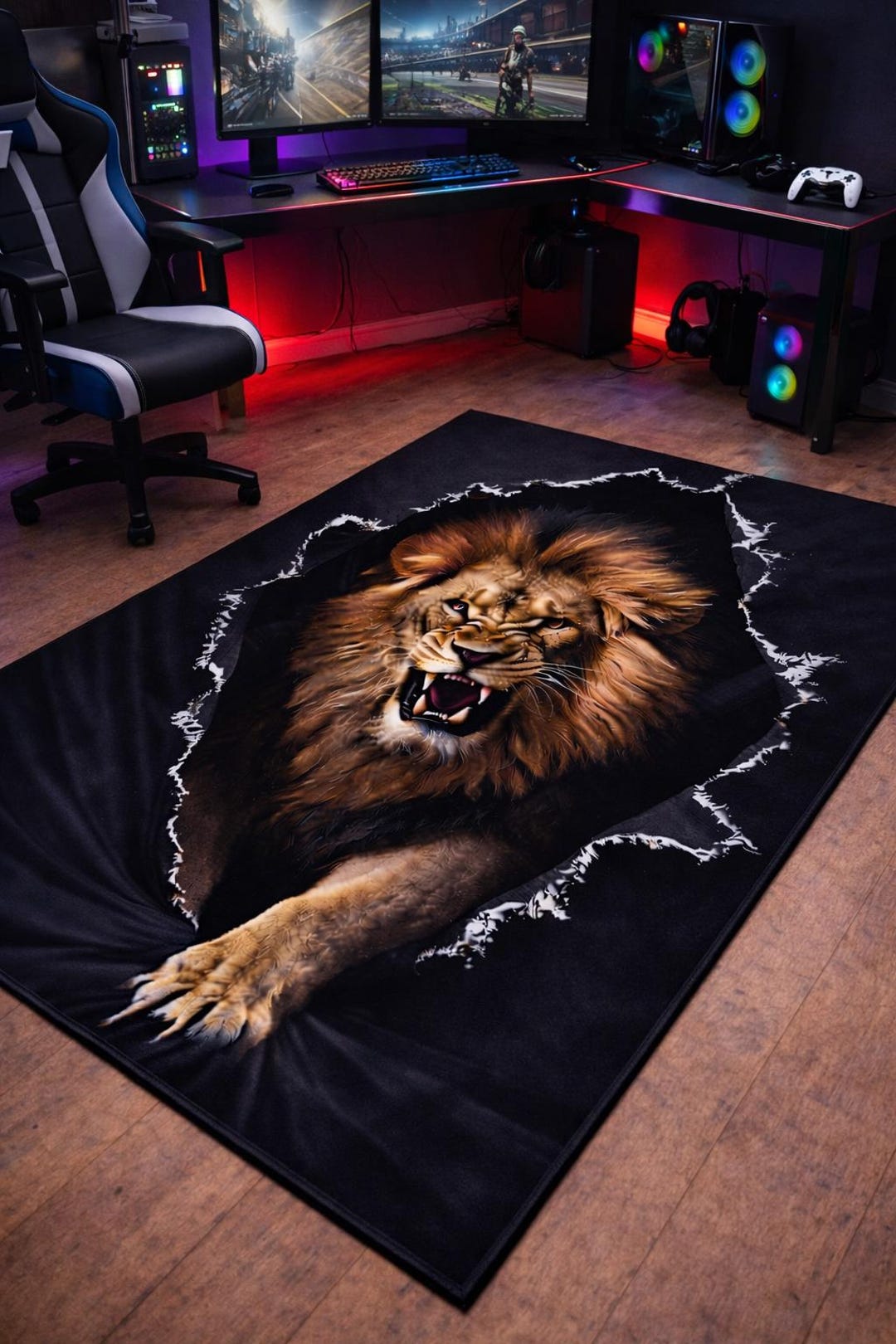 3D Lion Area Rug for Gamer Room, Washable Non Slip Dark Floor Carpet - Etsy