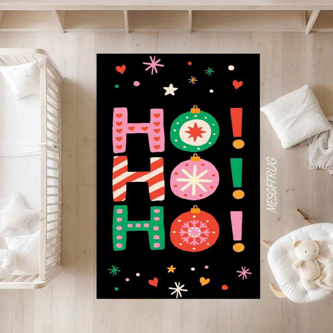 Bold Christmas Lettering Rug With Ornaments on Black Background - Etsy