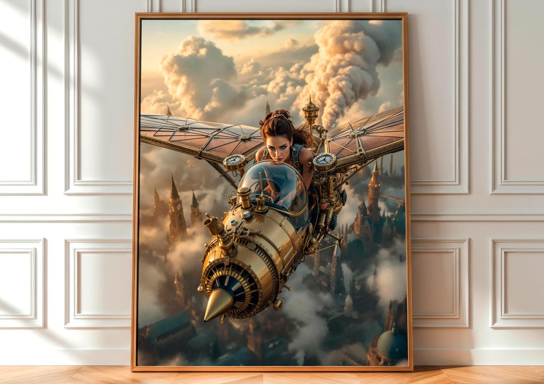 Steampunk Woman Flying Brass Airship Over Fantasy City – High ...