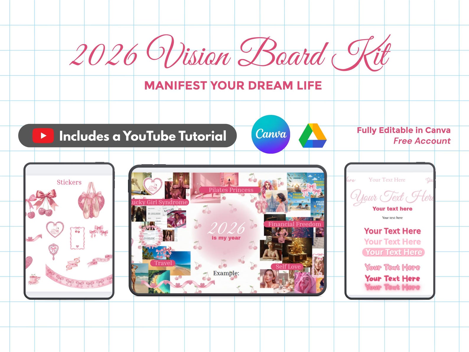 2026 Vision Board Kit | Coquette Planner Stickers, Canva Template ...