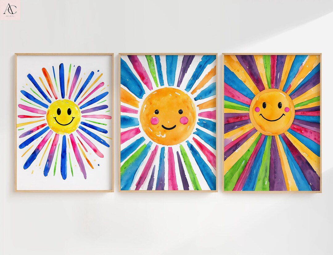 Watercolor Sun Poster Set of 3, Sun Playroom Decor, Watercolour Nursery ...