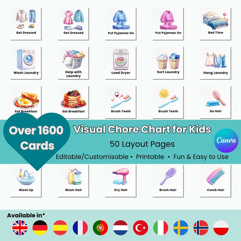 Editable Kids Routine Chart & Visual Schedule | 1600+ Chore Cards + 50 ...