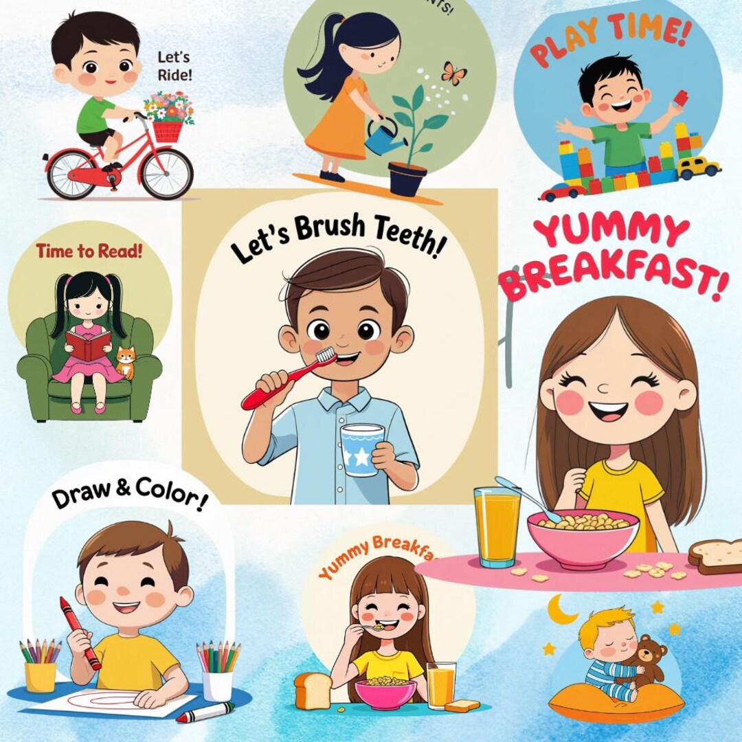Daily Routine Kids PNG Bundle – 15 Cute Cartoon Children Activities ...