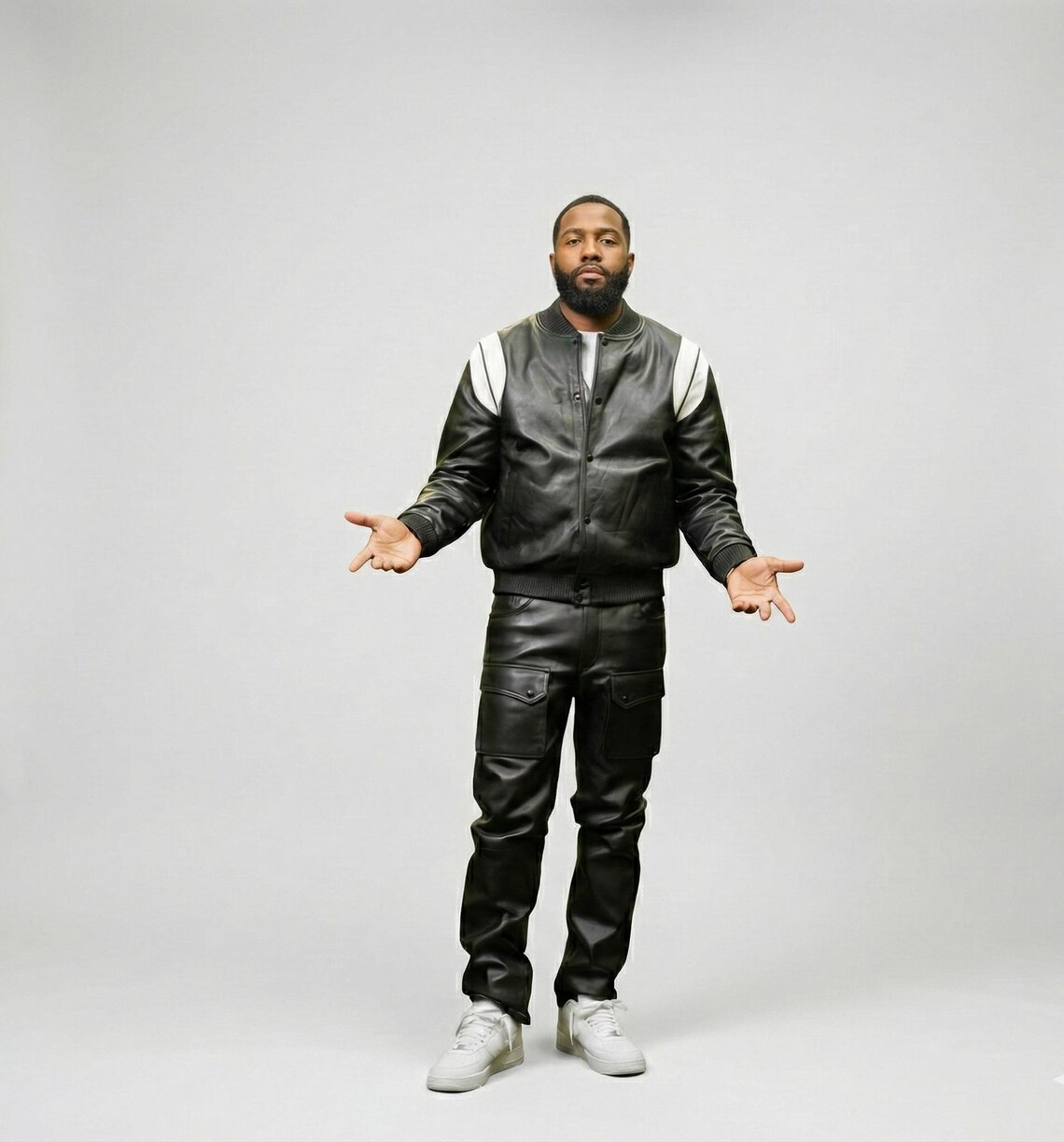 Men’s Black Leather Tracksuit With White Stripes – Modern Streetwear ...