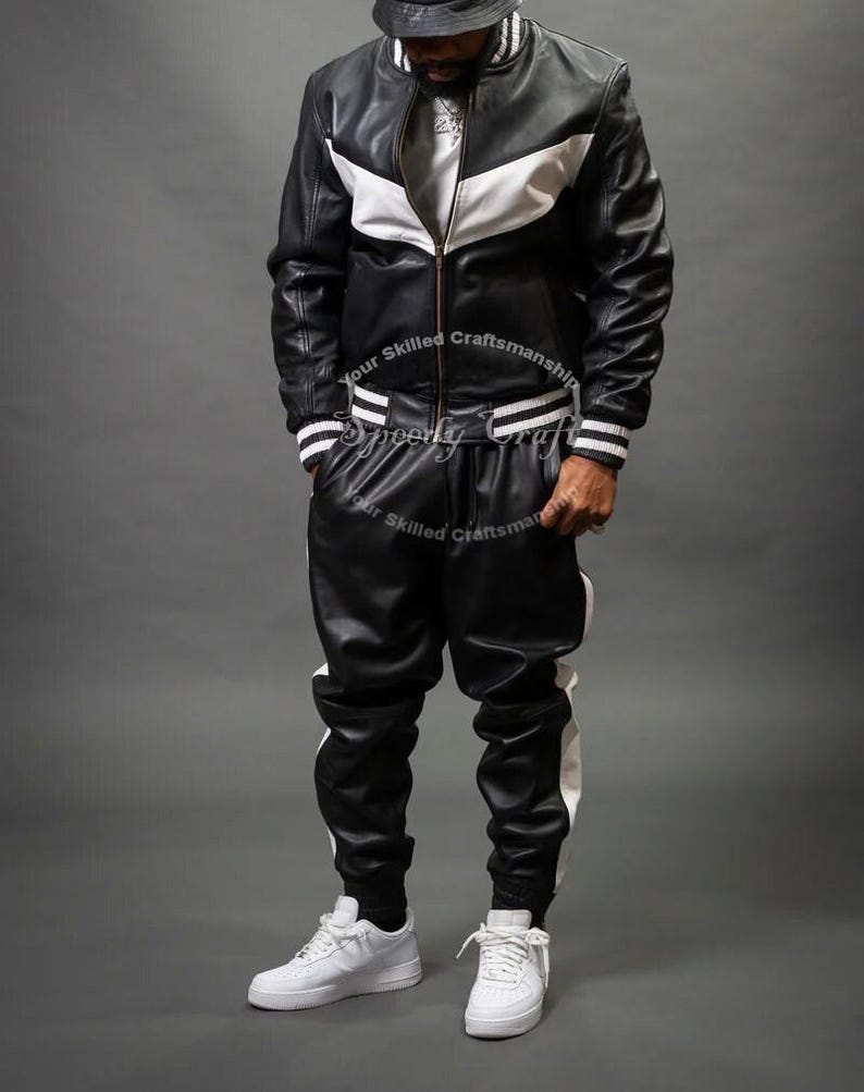 Handmade Sheep Leather Tracksuit: Black & White Jogging Suit - Etsy