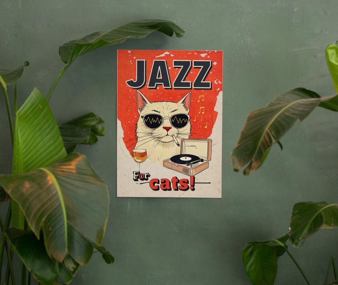 Cool Jazz Cat Wall Art – Retro Cat Illustration With Record Player ...