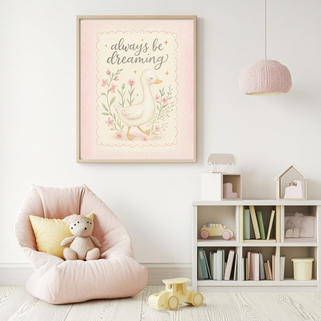 Silly Goose Nursery Print: Blush Floral Cottagecore Baby Girl Art ...